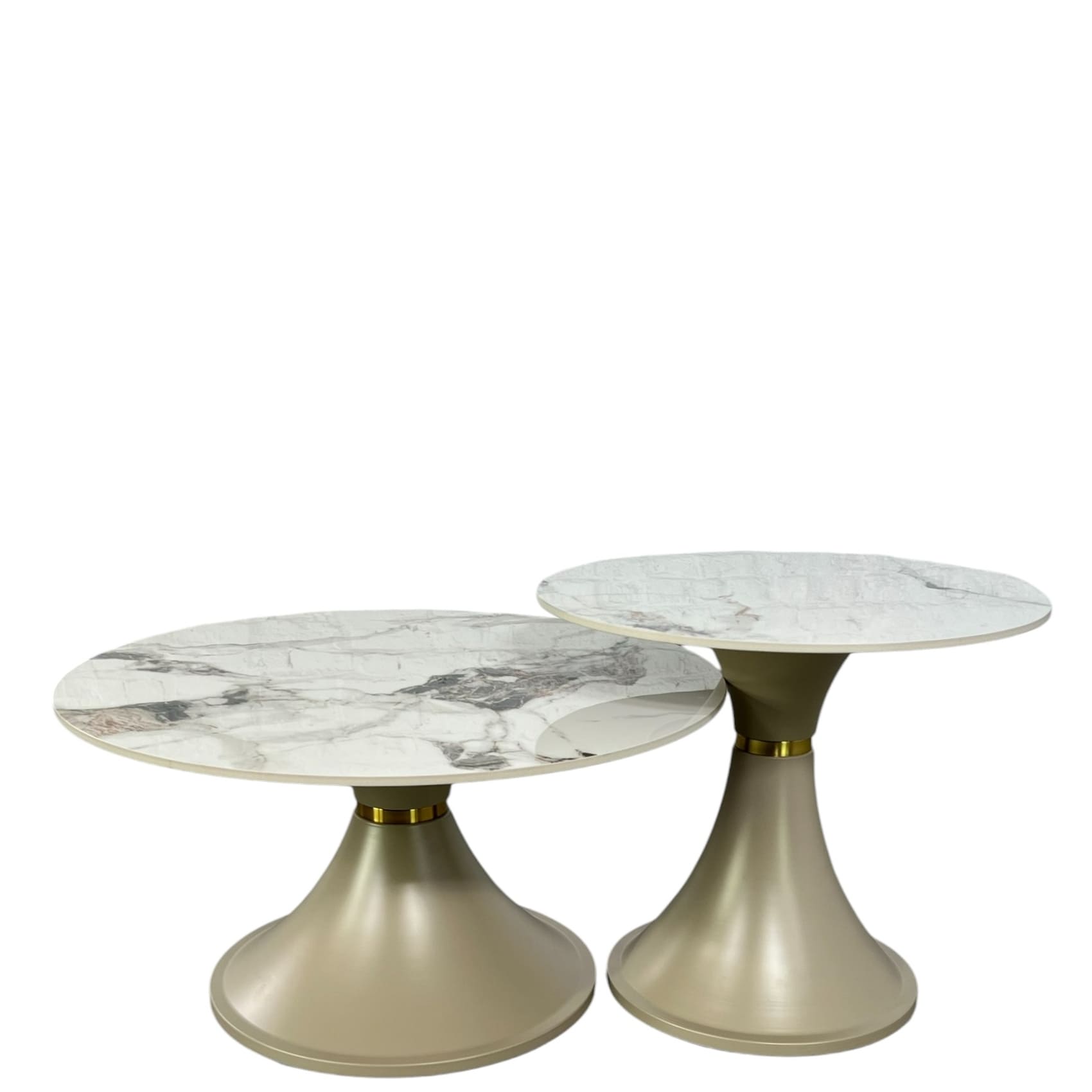 Set de 2 Tables Basses Rondes en Céramique Marbre Blanc - Majdeltier